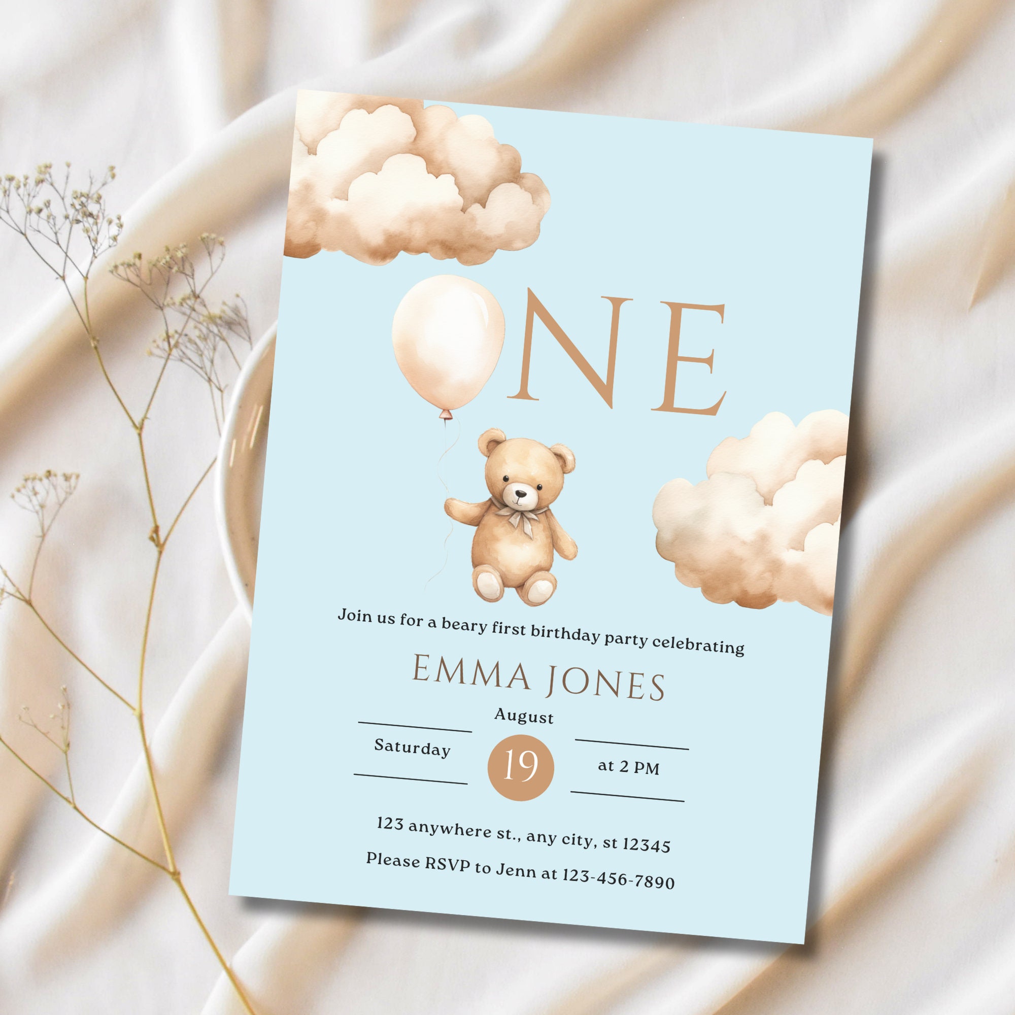 Editable Bear First Birthday Invitation, Printable Template, Instant ...
