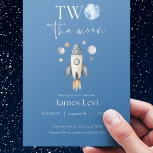 Two the Moon 2nd Birthday Invitation Space Themed Digital Download ...