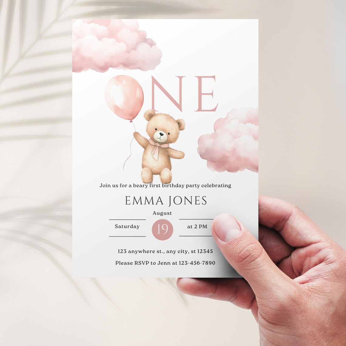 Editable Pink Bear First Birthday Invitation, Printable Template ...