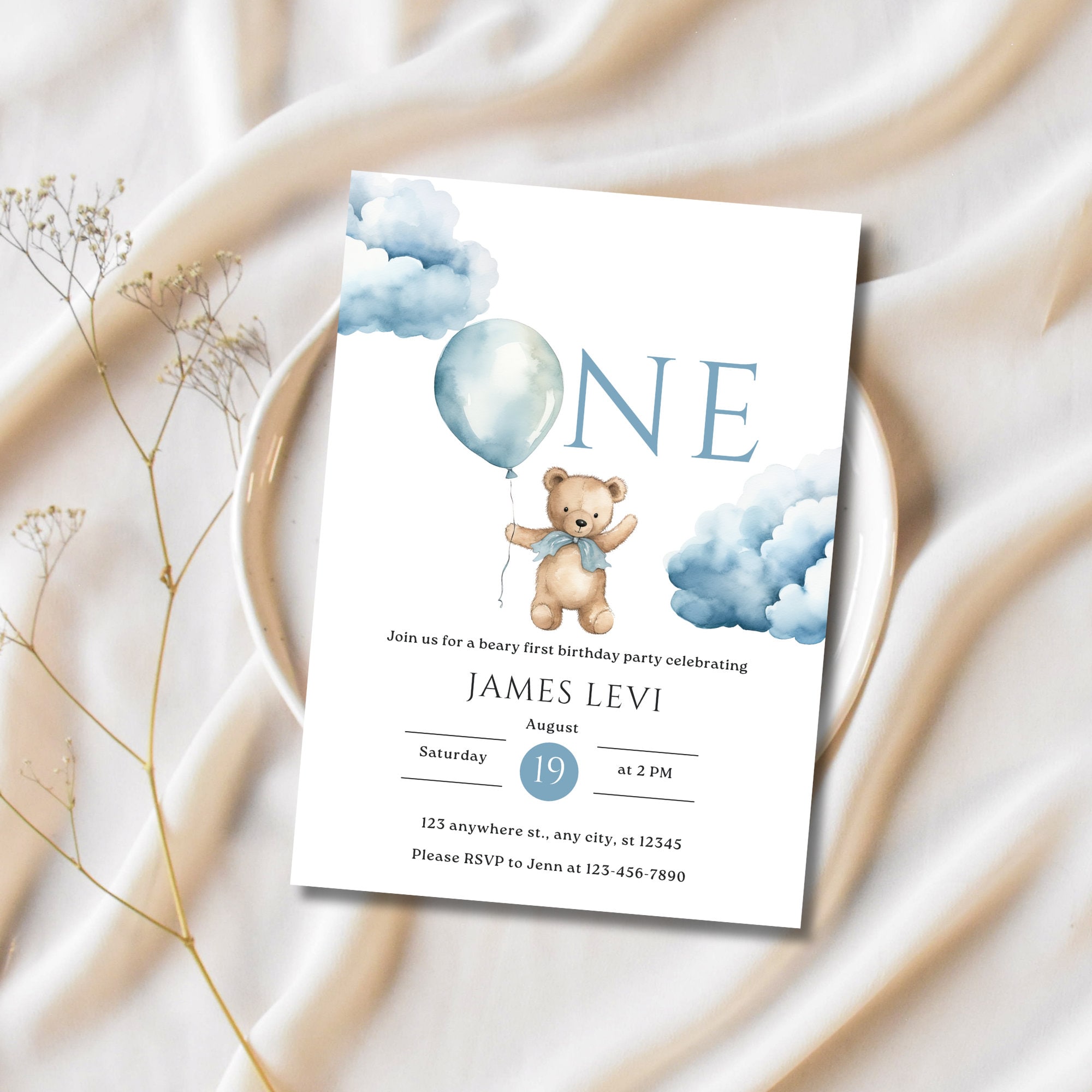 Editable Blue Bear First Birthday Invitation, Printable Template ...