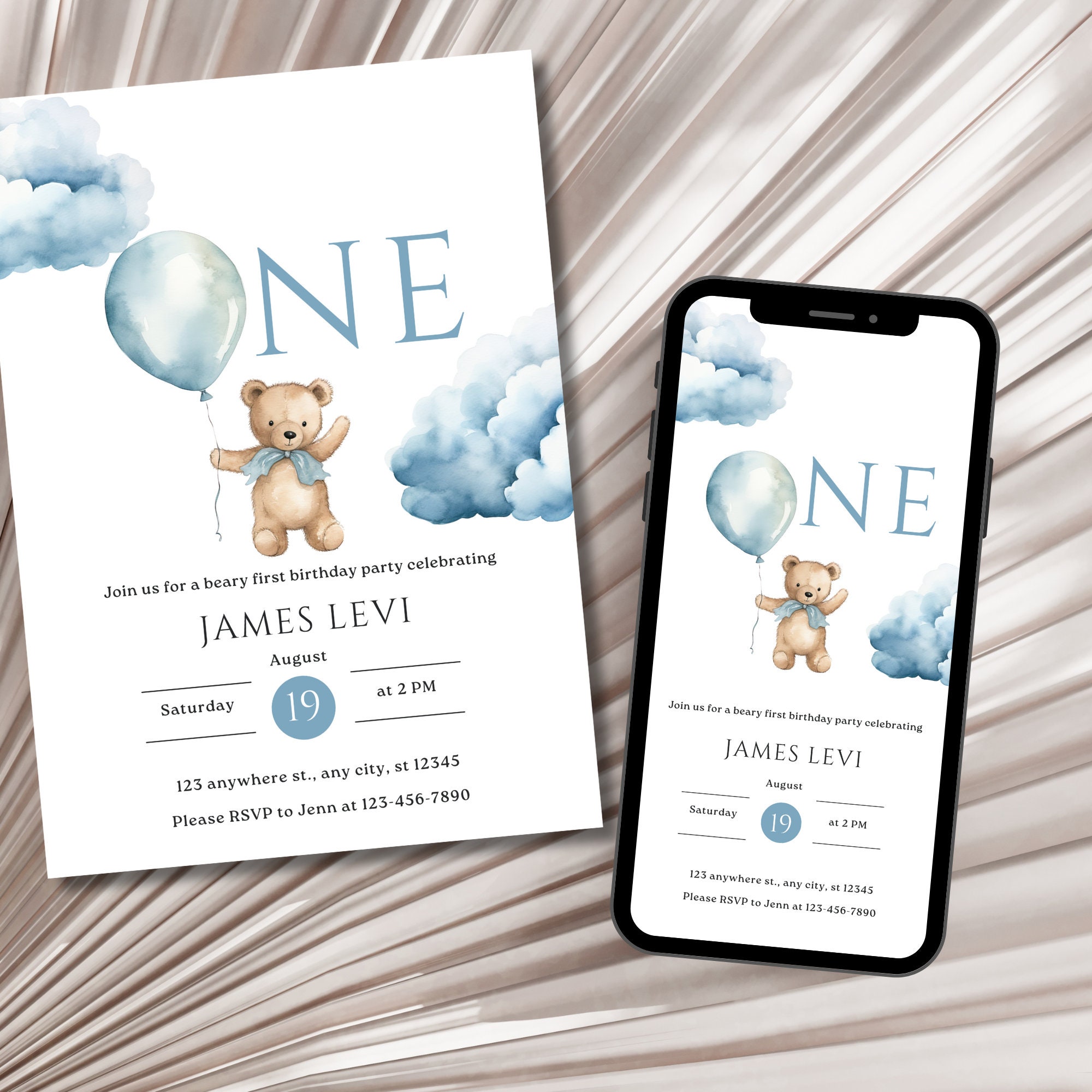 Editable Blue Bear First Birthday Invitation, Printable Template ...