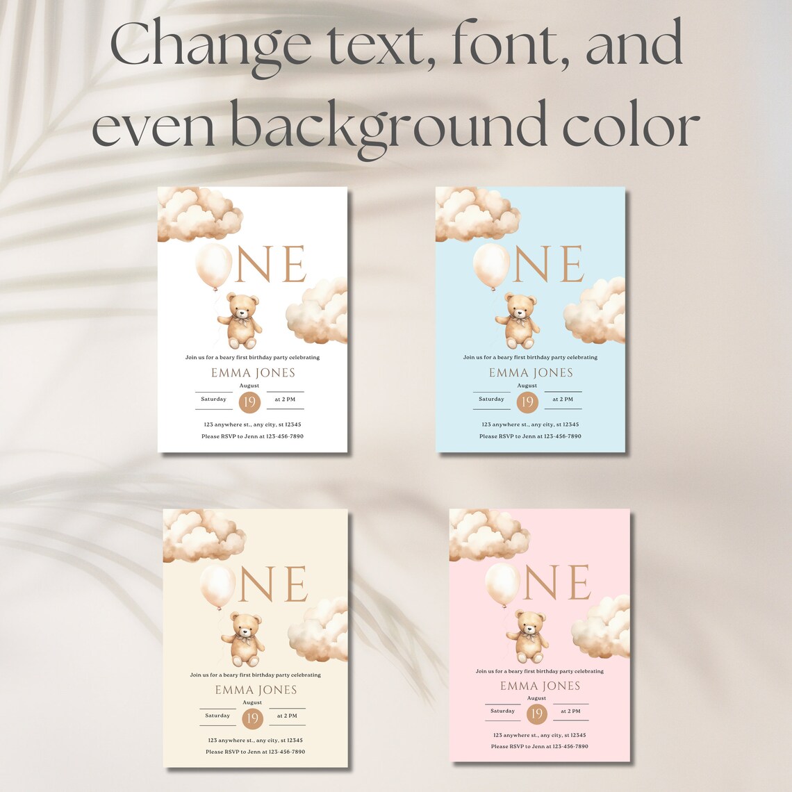 Editable Bear First Birthday Invitation, Printable Template, Instant ...