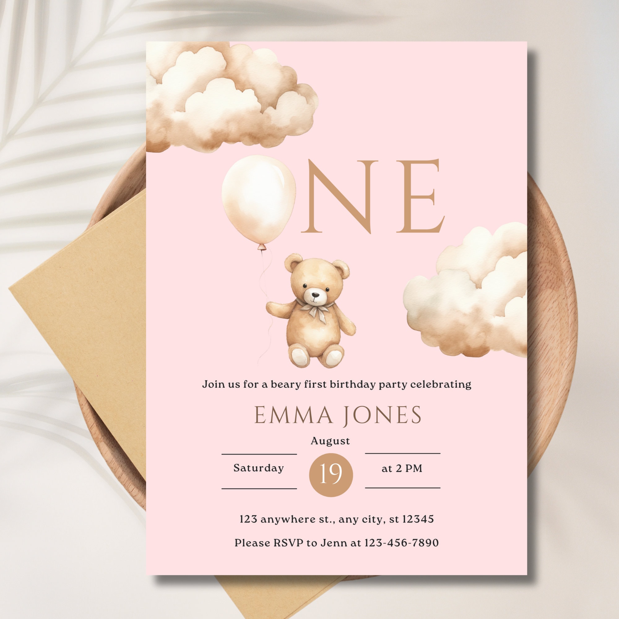 Editable Bear First Birthday Invitation, Printable Template, Instant ...