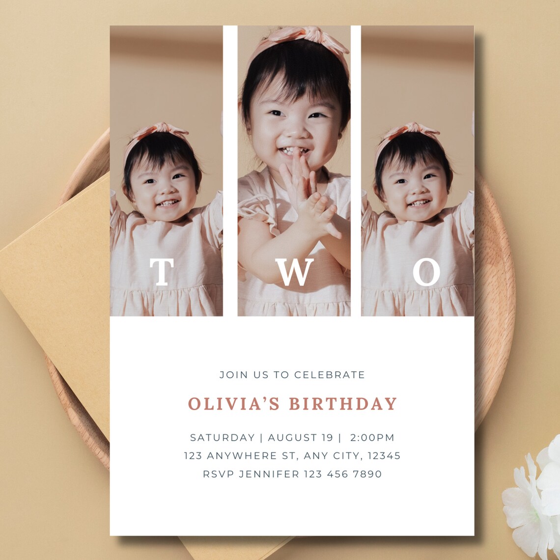 2nd Birthday Invitation Girl, Minimal 2nd Birthday Invitation Template ...