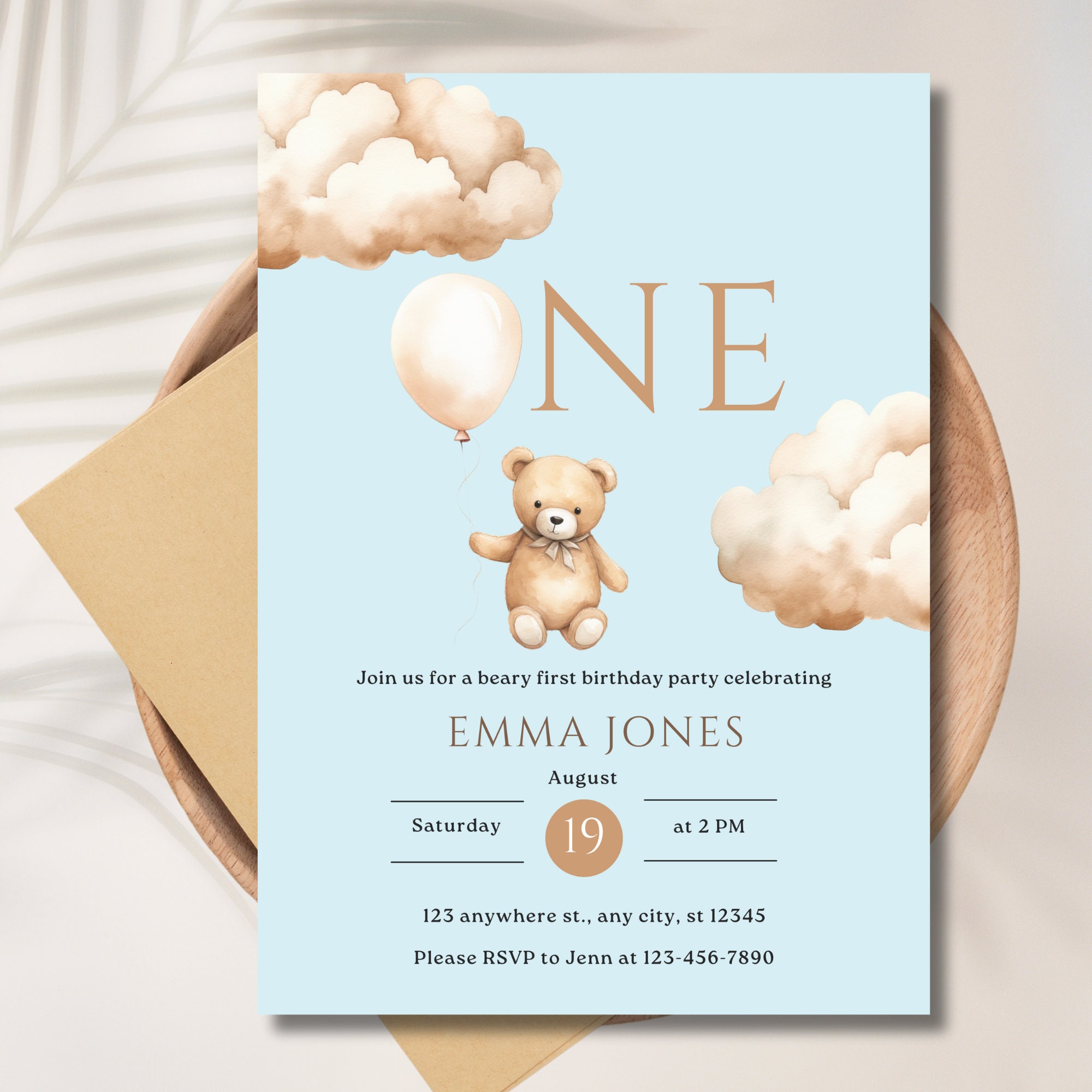 Editable Bear First Birthday Invitation, Printable Template, Instant ...