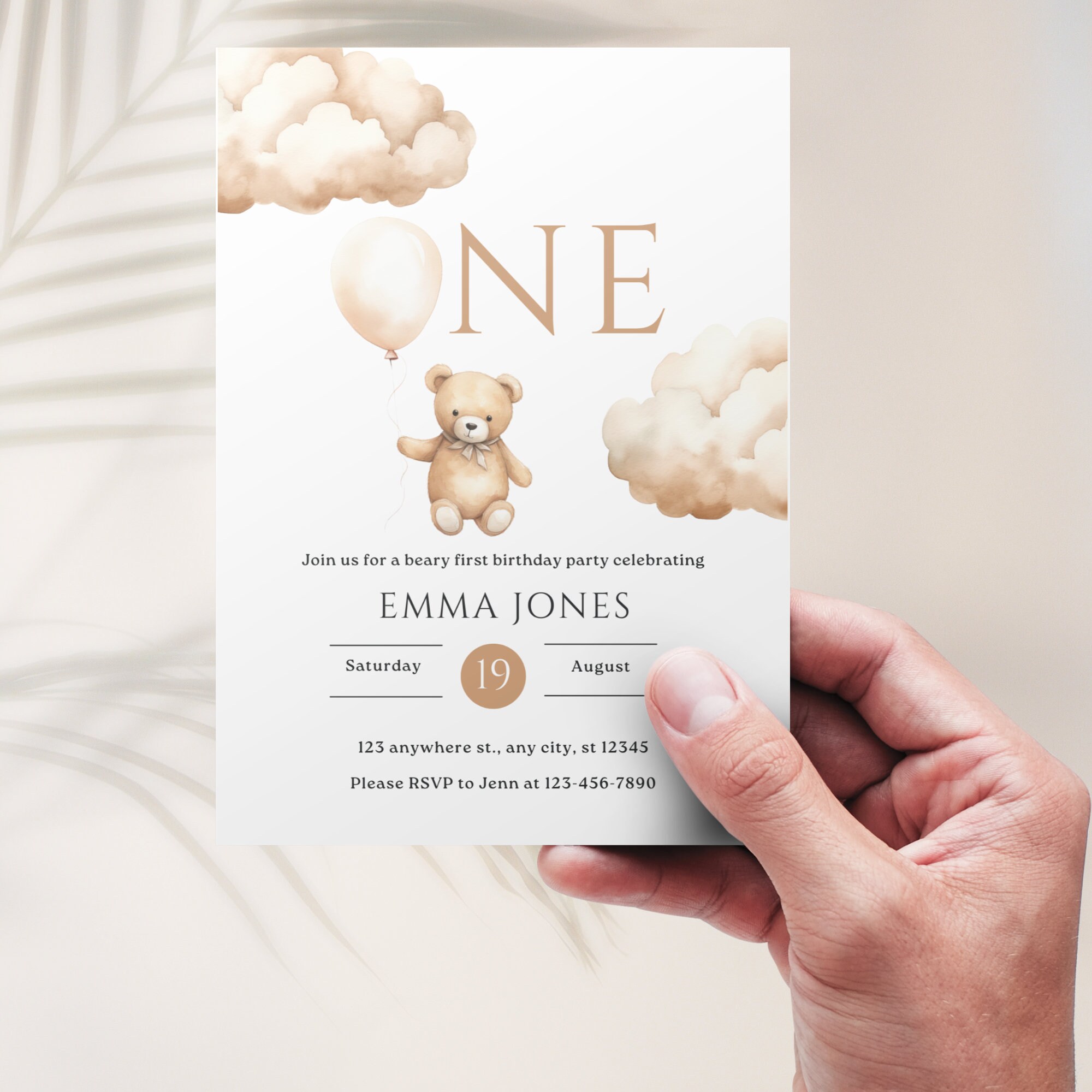 Editable Bear First Birthday Invitation, Printable Template, Instant ...