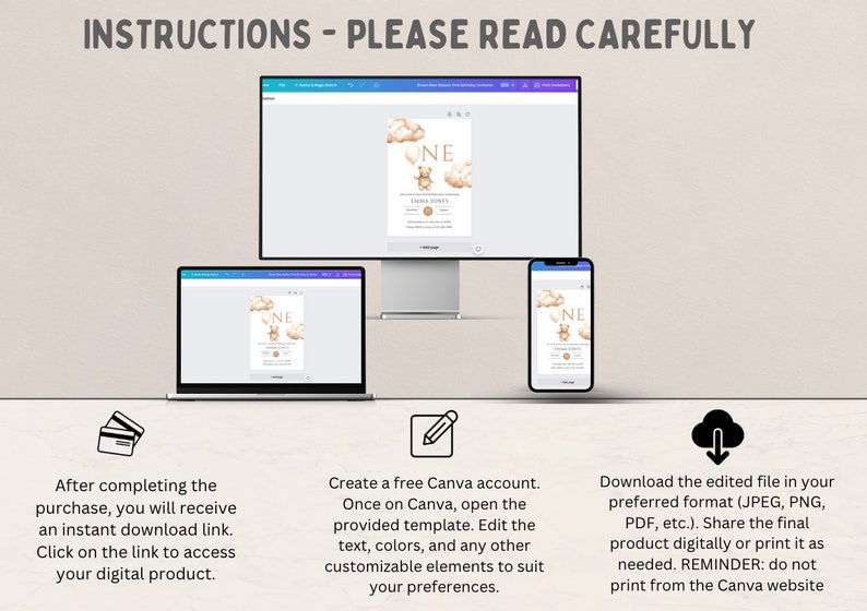 Editable Blue Bear First Birthday Invitation, Printable Template ...