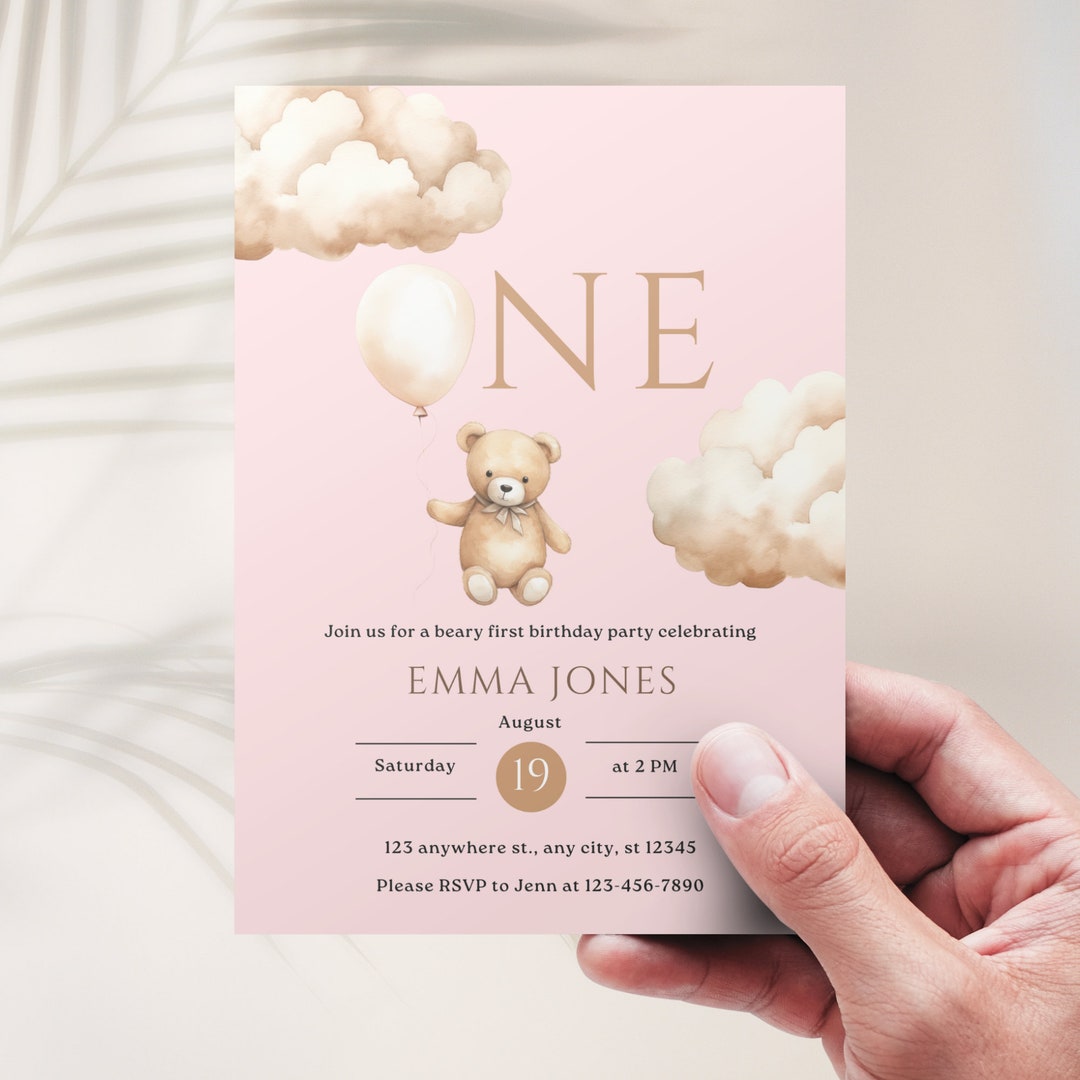 Editable Bear First Birthday Invitation, Printable Template, Instant ...