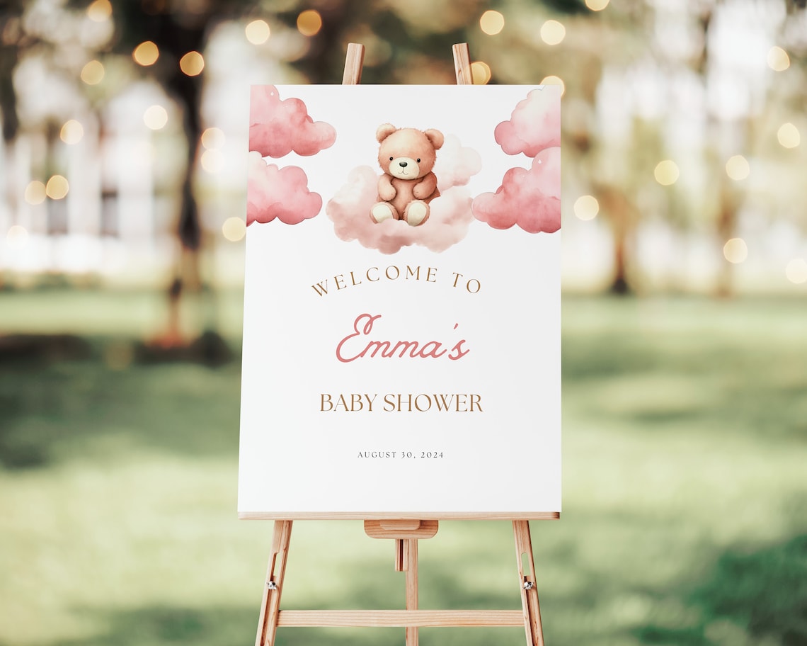 Editable Pink Bear Themed Baby Shower Welcome Sign, Neutral Digital ...
