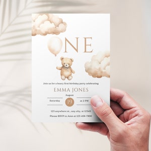 Editable Bear First Birthday Invitation, Printable Template, Instant ...