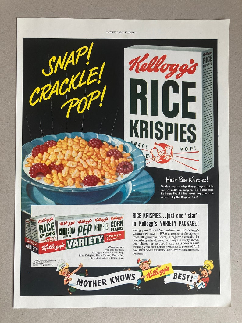 1949 Kellogg's Rice Krispies Cereal Vintage Ad "snap! CRACKLE! Pop!" Vintage Cereal Ad Mid ...