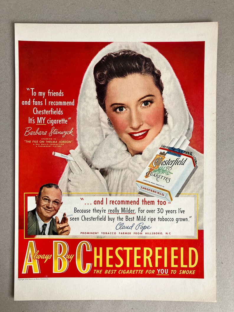 1949 Barbara Stanwyck Chesterfield Cigarettes Vintage Ad Old Hollywood ...