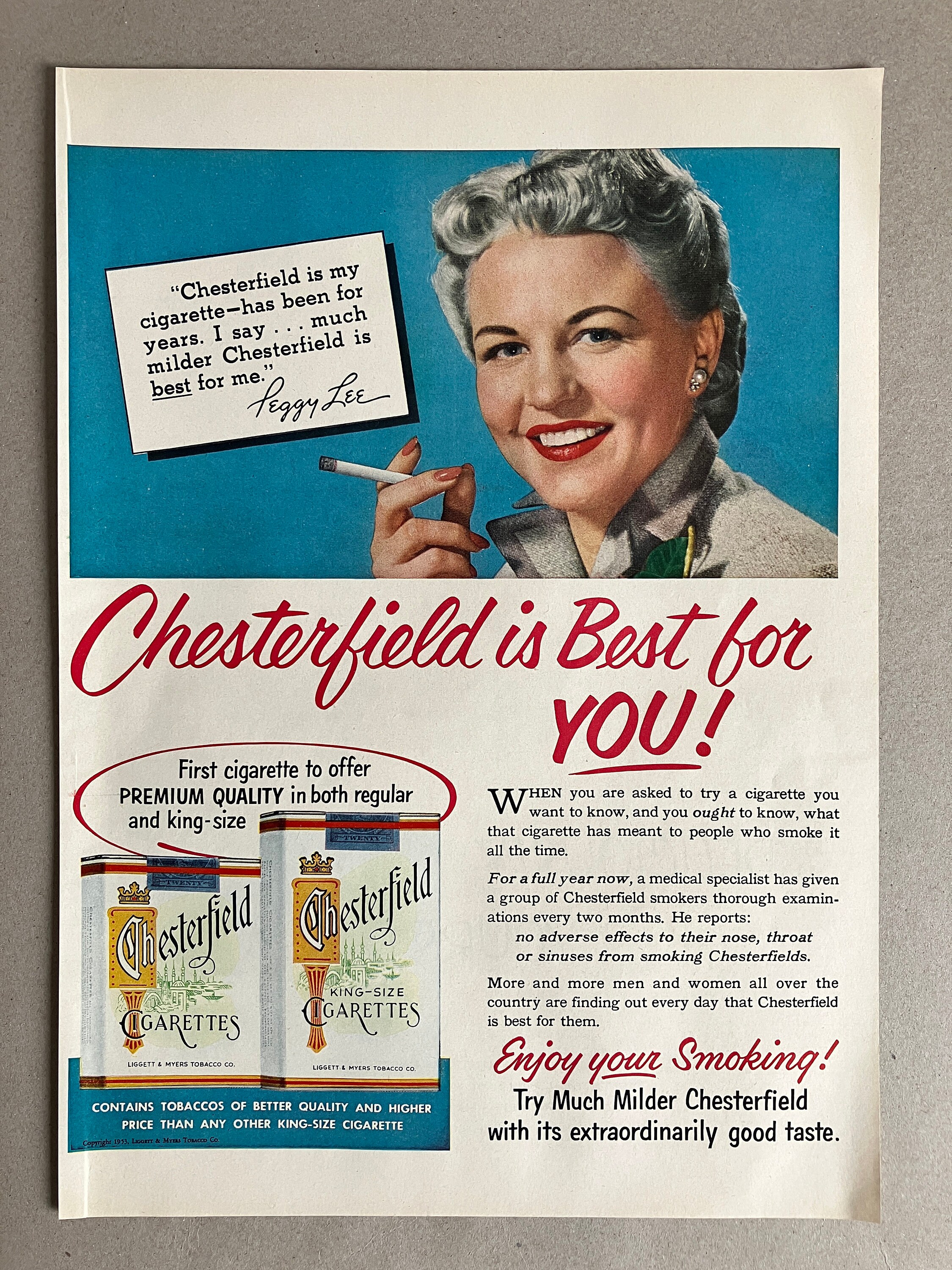 1953 Chesterfield Cigarettes Vintage Advertisement Peggy Lee Vintage ...