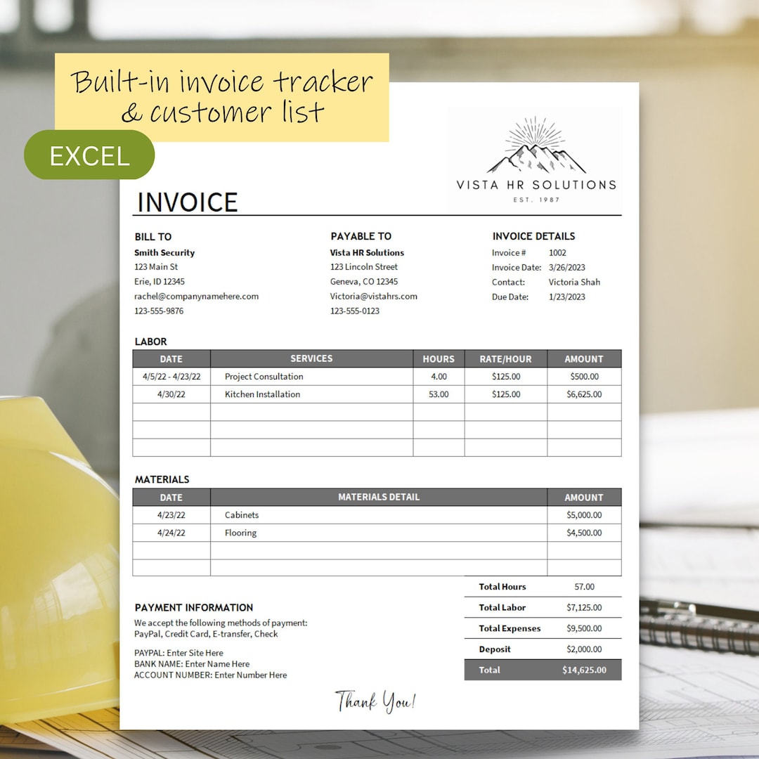 Labor and Materials Invoice With Built-in Customer List and Invoice ...