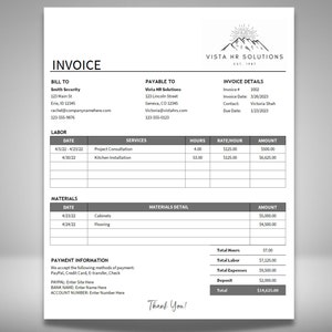 Labor and Materials Invoice With Built-in Customer List and Invoice ...