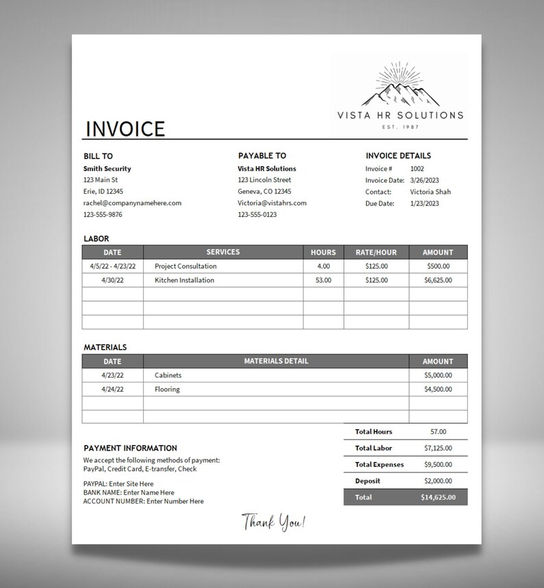 Labor and Materials Invoice With Built-in Customer List and Invoice Tracking Sheet I Grayscale ...