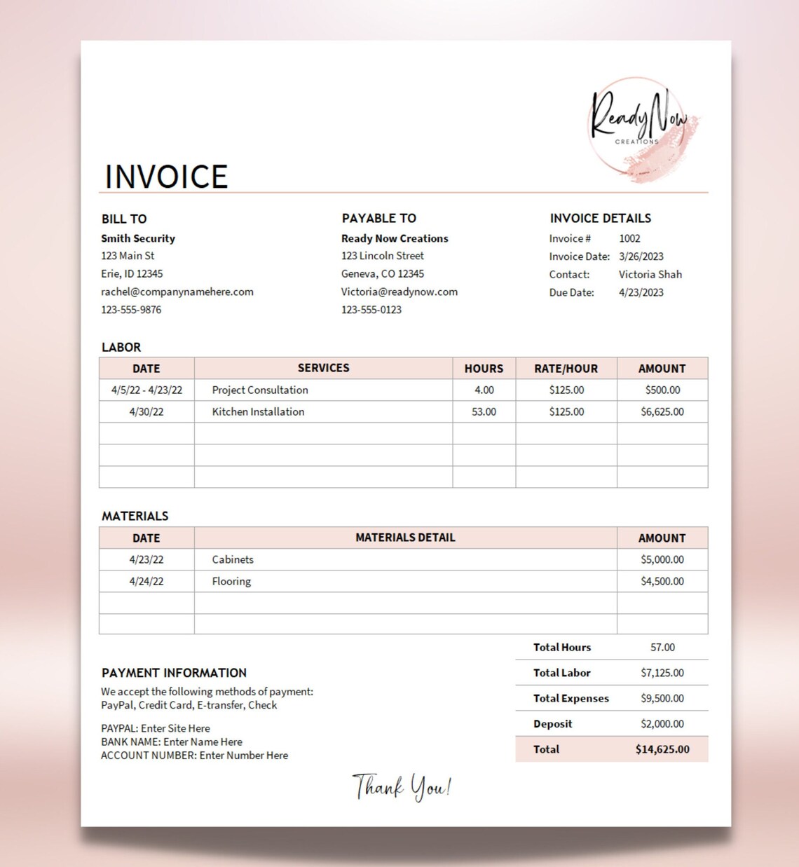 Labor and Materials Invoice With Built-in Customer List and Invoice ...