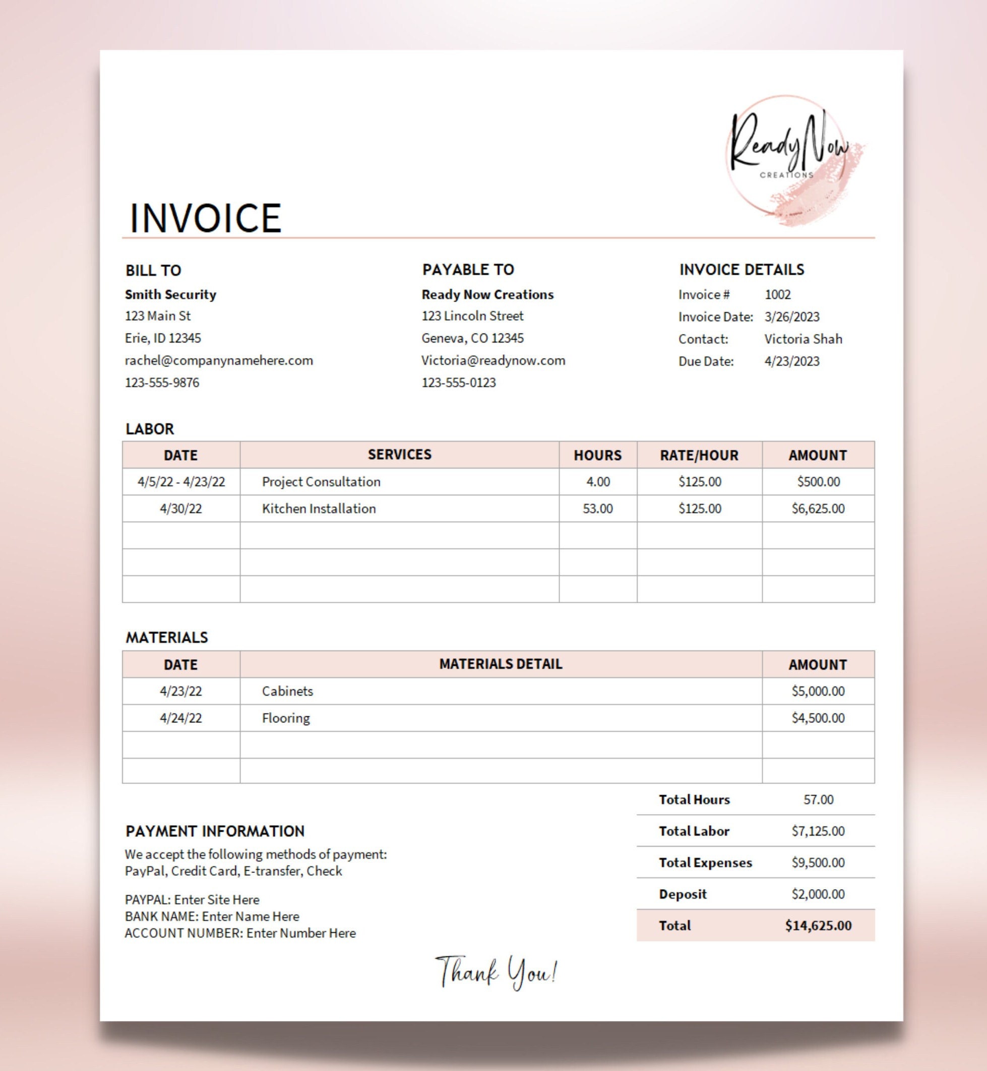 Labor and Materials Invoice With Built-in Customer List and Invoice ...
