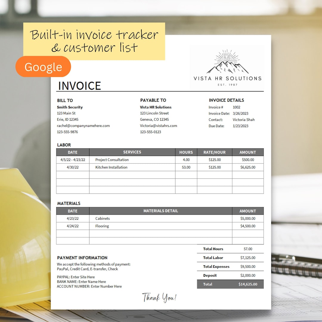 Labor and Materials Invoice With Built-in Customer List and Invoice ...