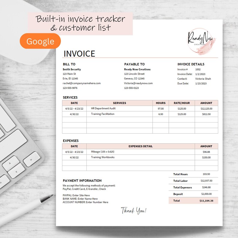 Consultant Client Invoice With Built-in Customer List and Invoice Tracking Sheet I Color and ...