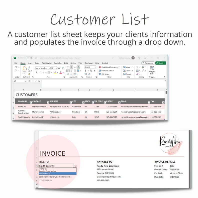 Sales Invoice With Built-in Customer List and Invoice Tracking Sheet I ...