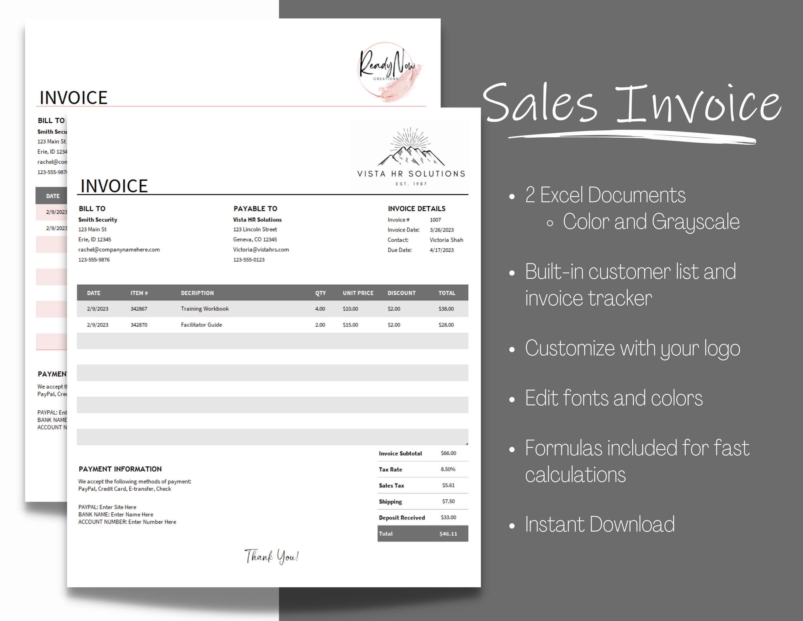 Sales Invoice With Built-in Customer List and Invoice Tracking Sheet I ...
