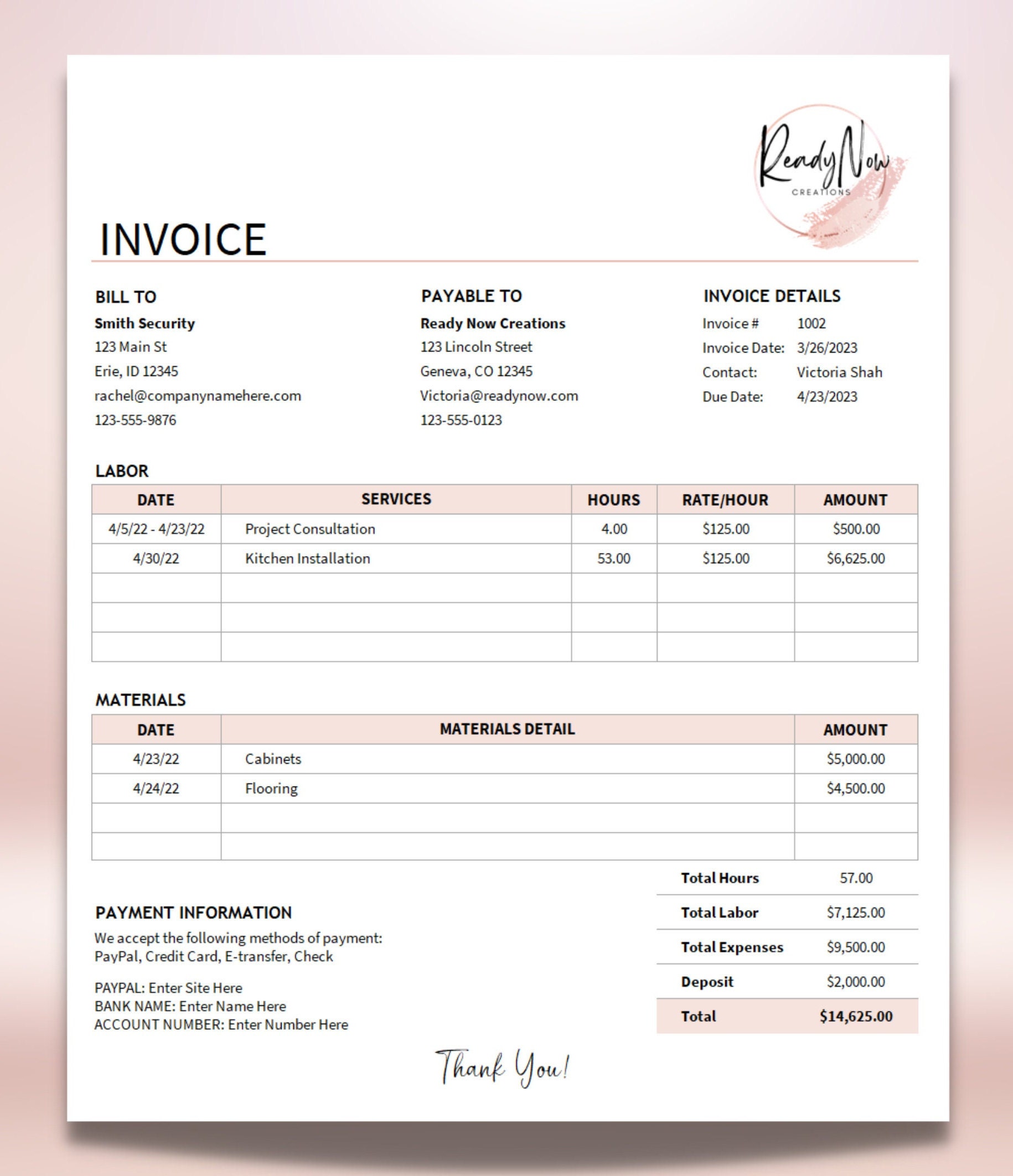 Labor and Materials Invoice With Built-in Customer List and Invoice ...