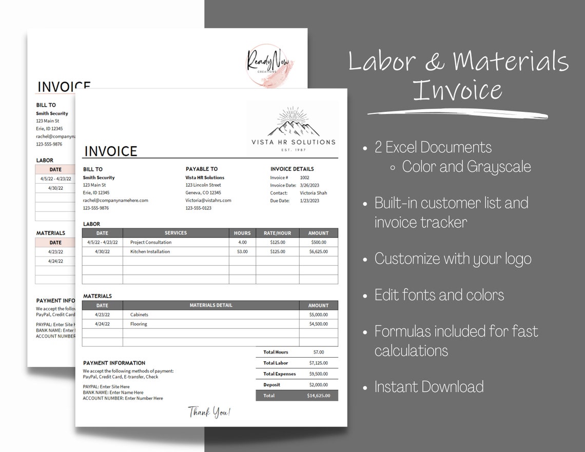 Labor and Materials Invoice With Built-in Customer List and Invoice ...