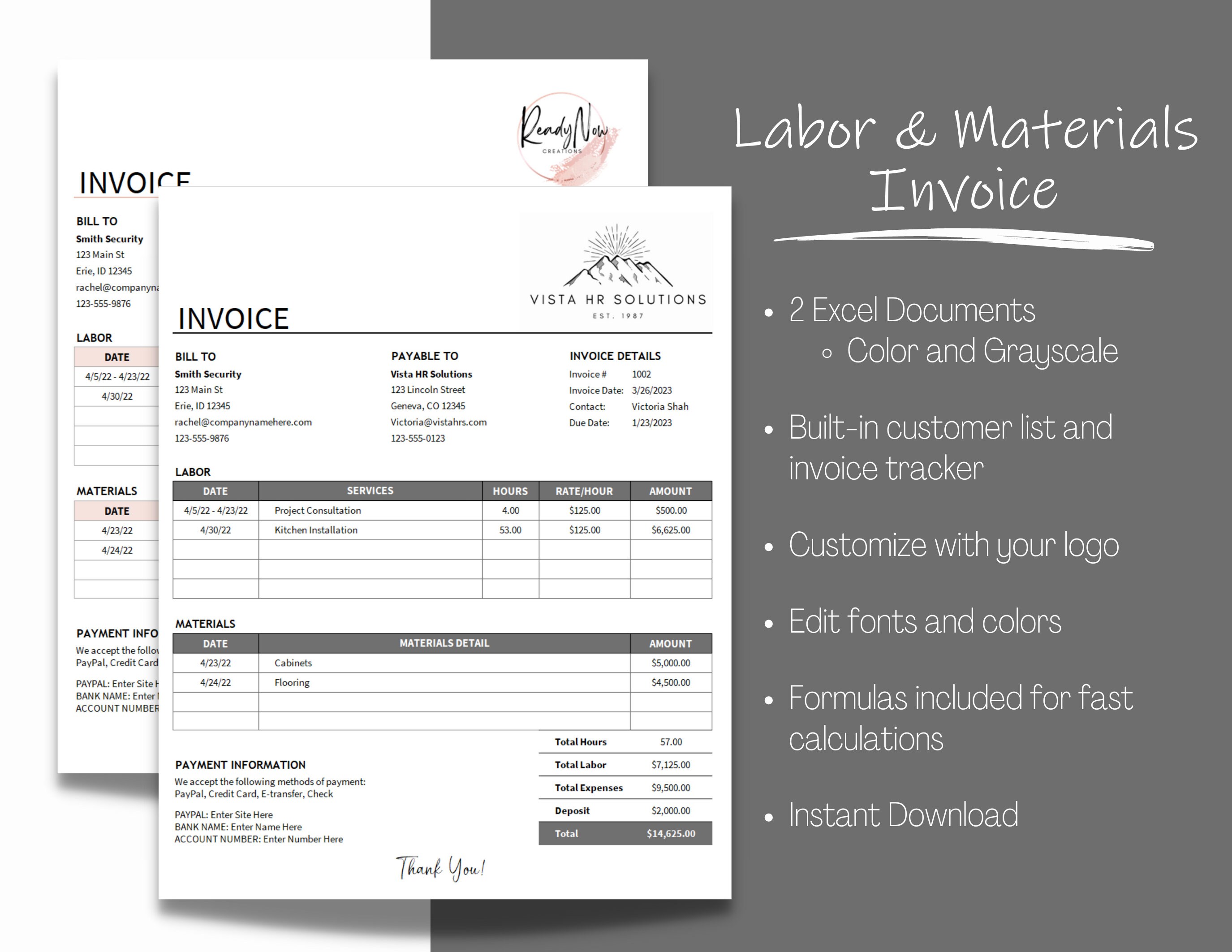 Labor and Materials Invoice With Built-in Customer List and Invoice ...