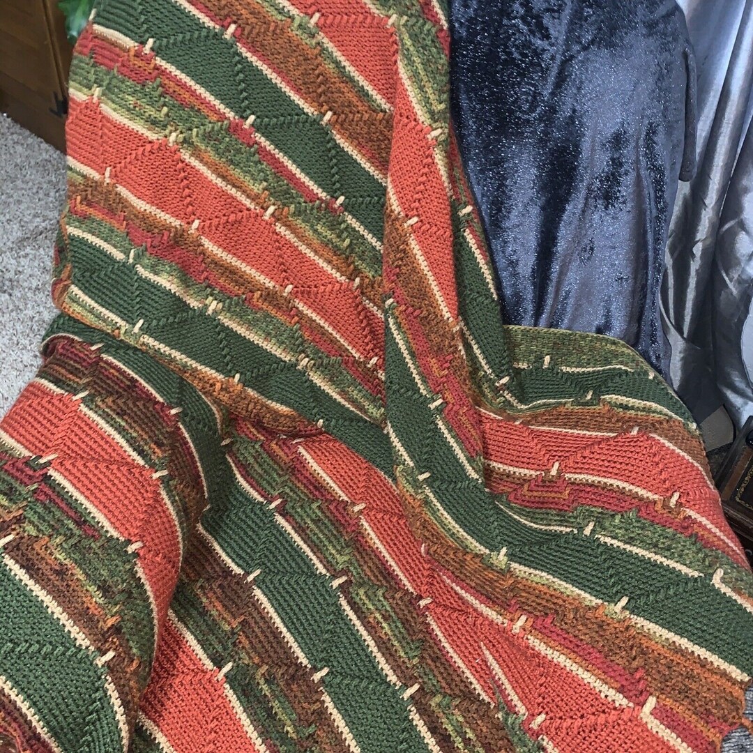 Vintage Retro Hand Made Afghan Earth Tones Fringe Crocheted Throw 79x79 ...