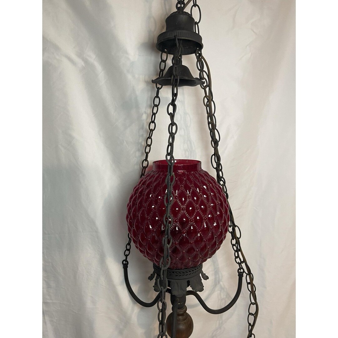 Mid Century Ceiling Light Red Glass Quilted Pattern Vintage - Etsy