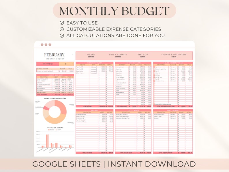 Monthly Budget Spreadsheet for Google Sheets | Digital Budget Planner ...