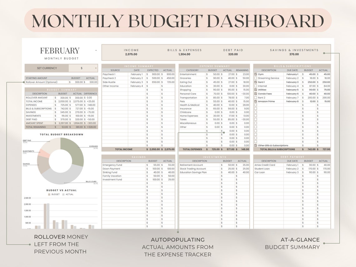 Monthly Budget Spreadsheet for Google Sheets | Digital Budget Planner ...