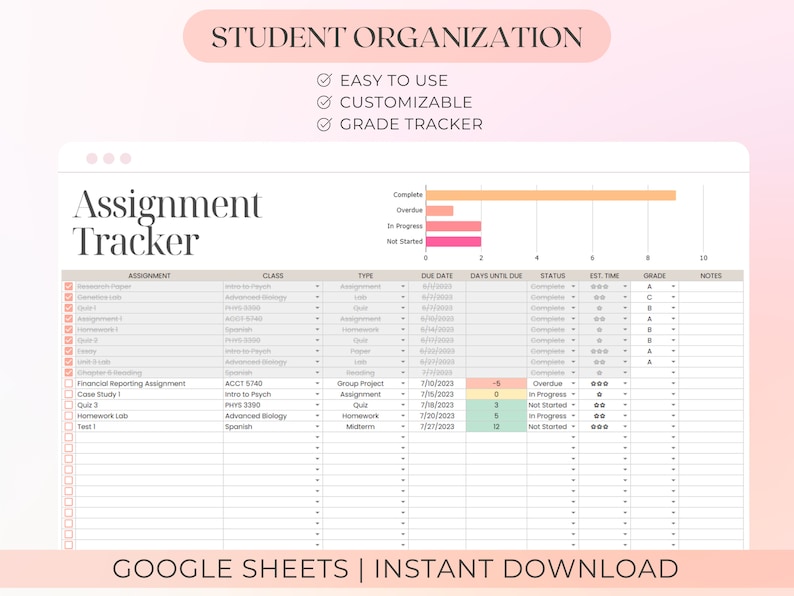 Student Assignment Tracker for Google Sheets | Homework Tracker ...