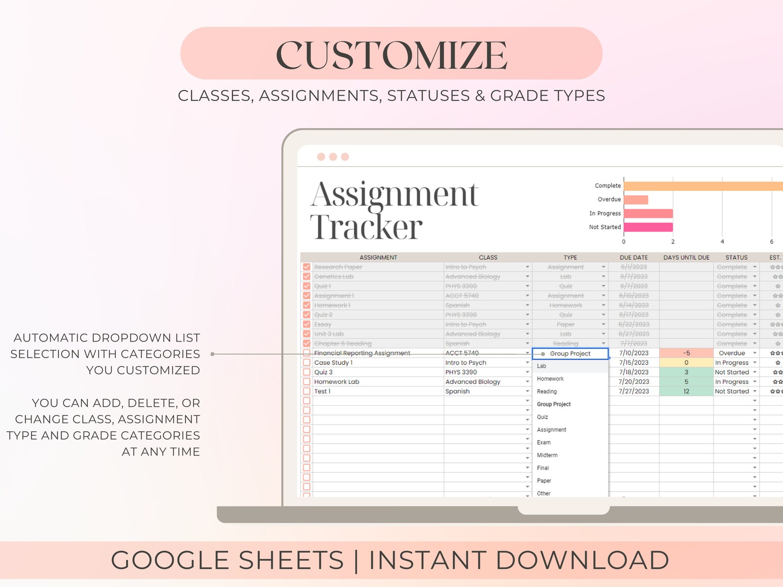Student Assignment Tracker for Google Sheets | Homework Tracker ...