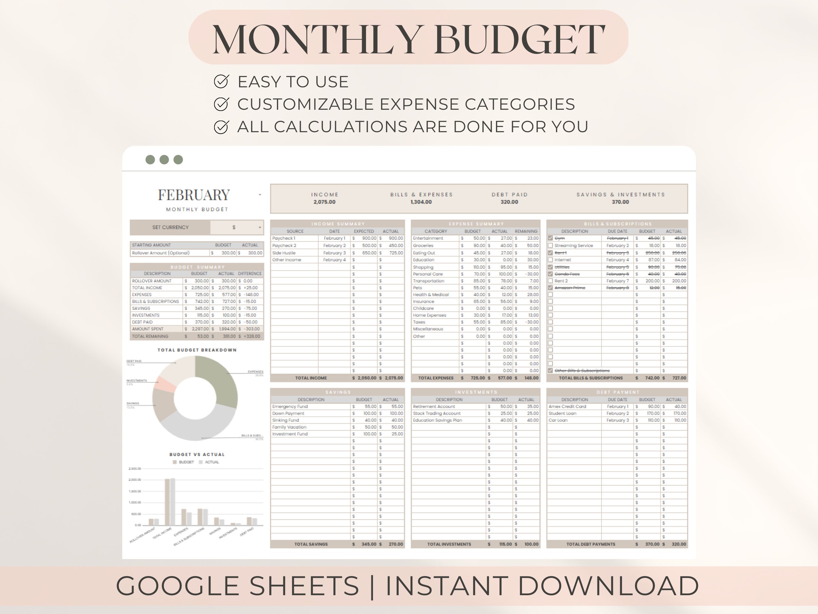 Monthly Budget Spreadsheet for Google Sheets | Digital Budget Planner ...