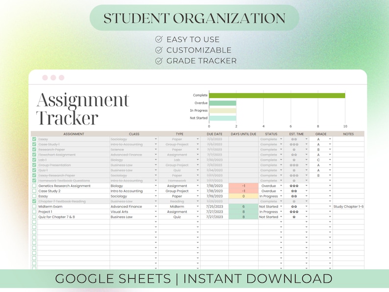 Student Assignment Tracker for Google Sheets | Homework Tracker ...