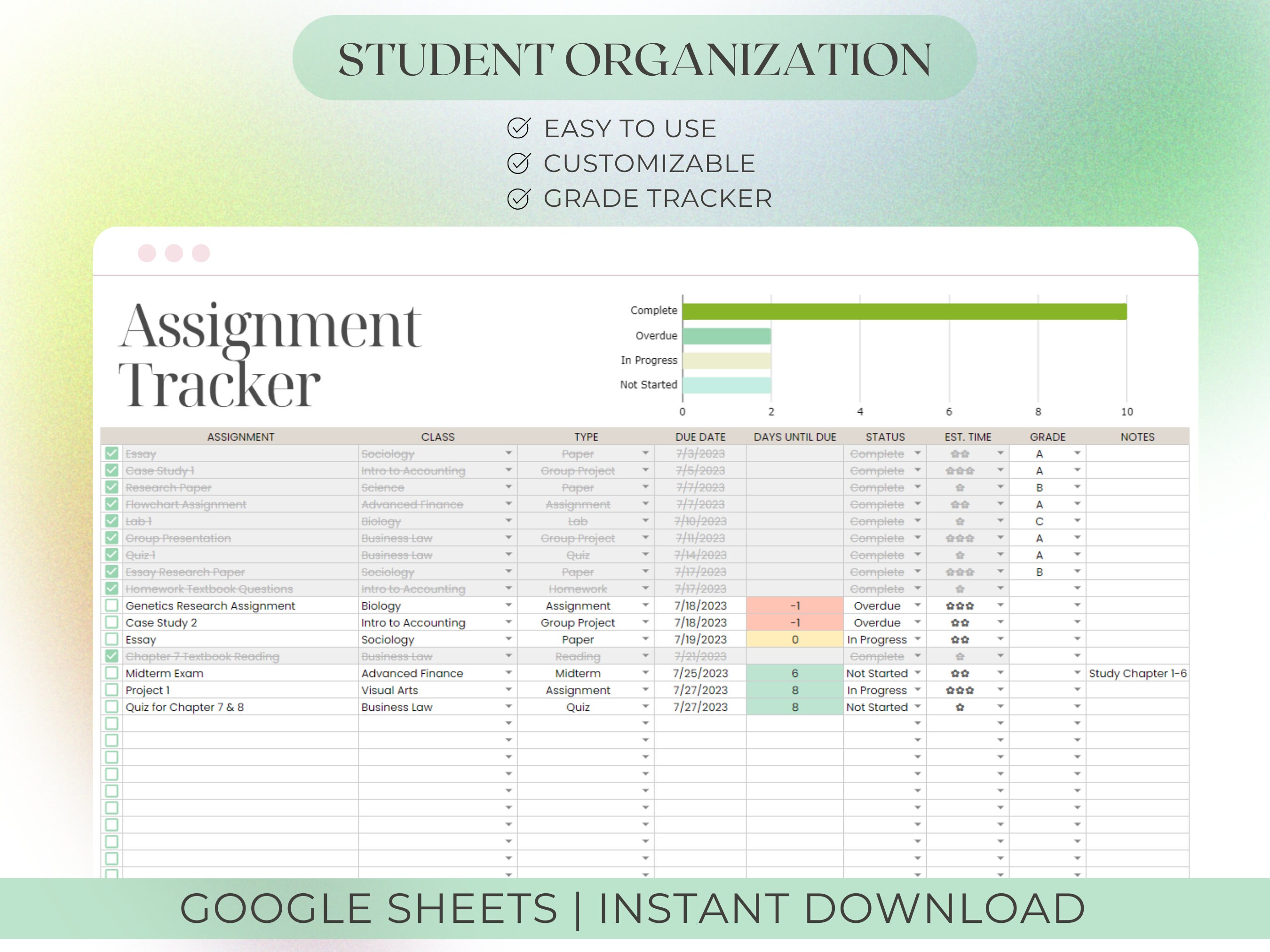 Student Assignment Tracker for Google Sheets | Homework Tracker ...