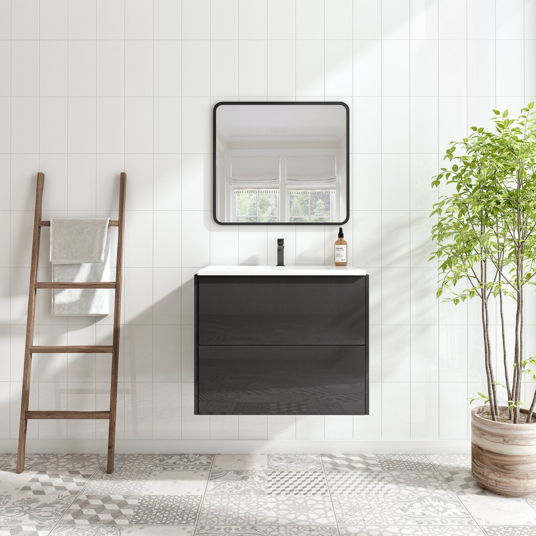 Dark Gloss Gray Floating Vanity 30 Inch W/ 2 Drawers Modern Flat Slab ...