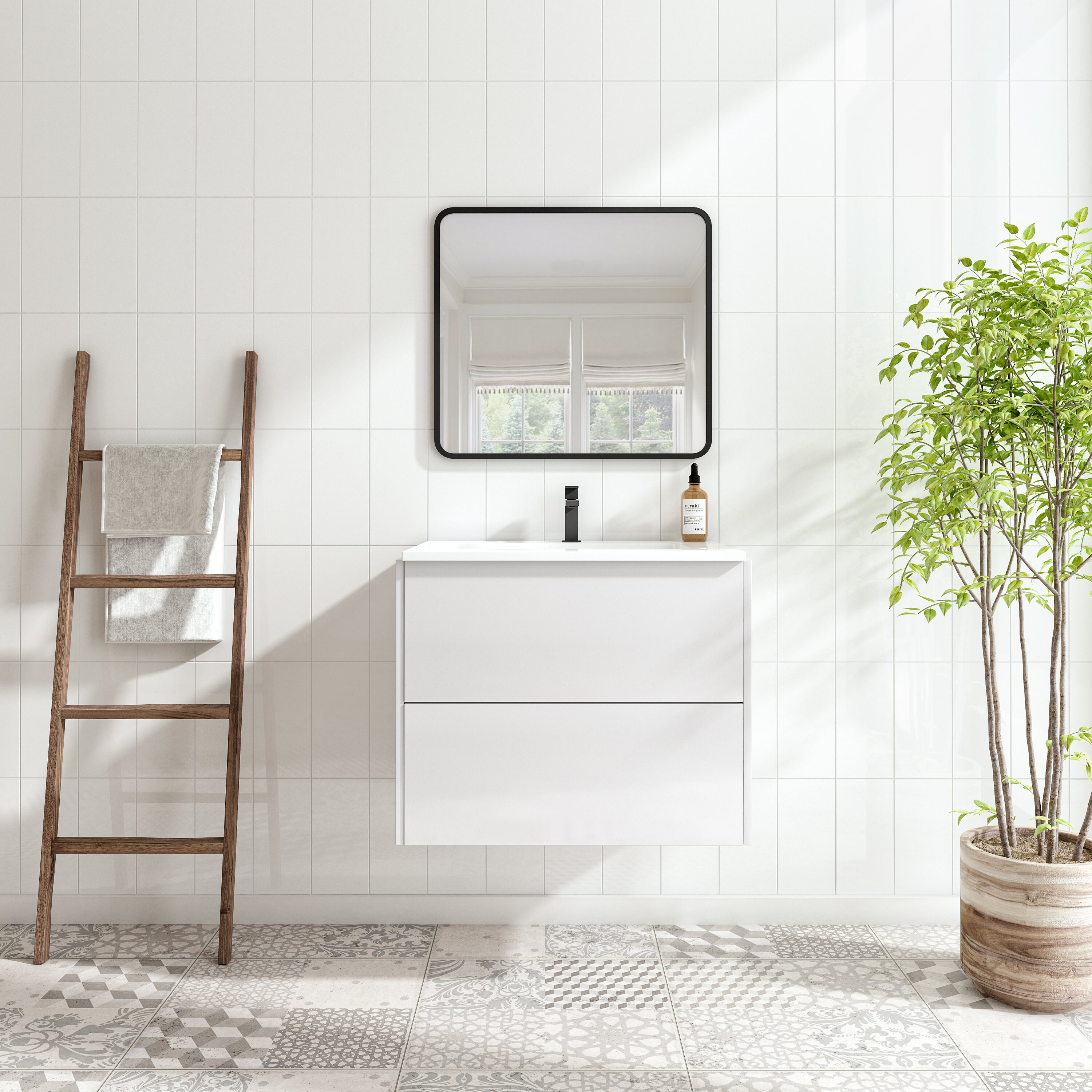 High Gloss White Floating Vanity 24 Inch W/ 2 Drawers Modern Flat Slab ...