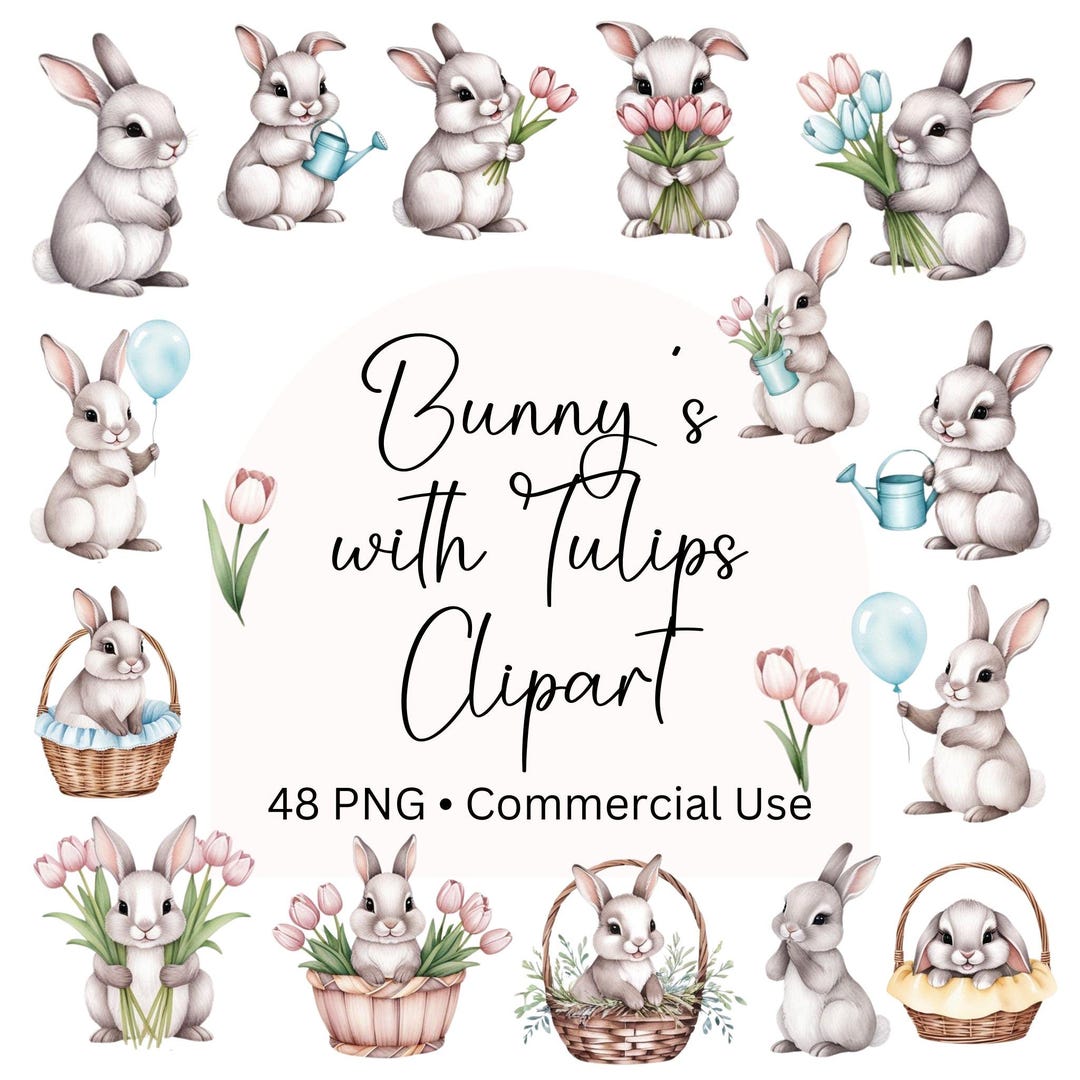 Bunny With Tulips Watercolor Clipart, 48 Cliparts, Easter Bunny's ...