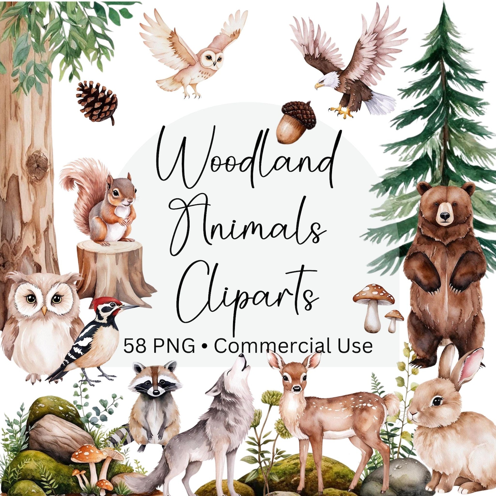 Woodland Animals Watercolor Clipart, 58 Cliparts, Woodland Animals Tree ...