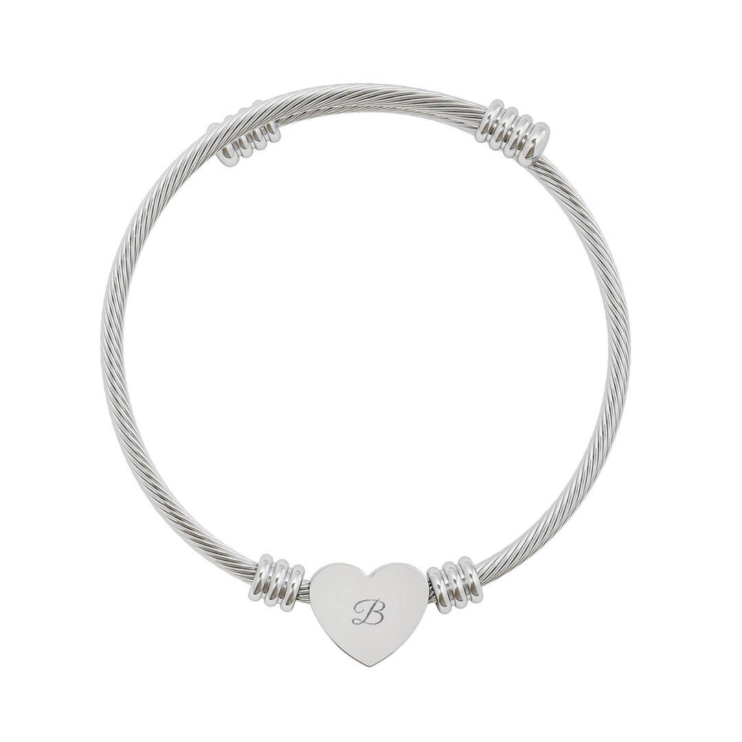 Engraved Heart Cuff Bracelet | Cable Wire Bangle, Stainless Steel or ...