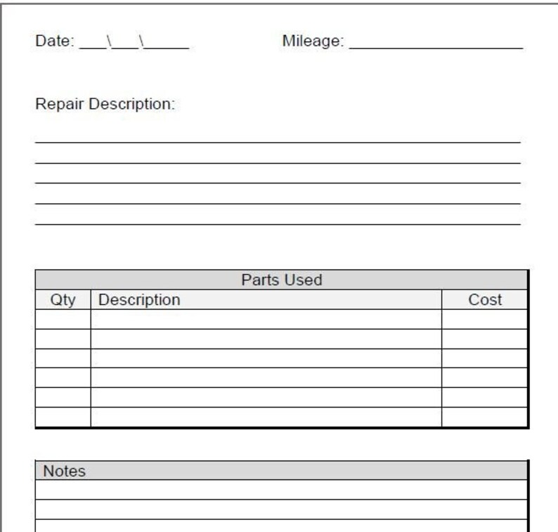Auto Repair Logbook Template - Etsy