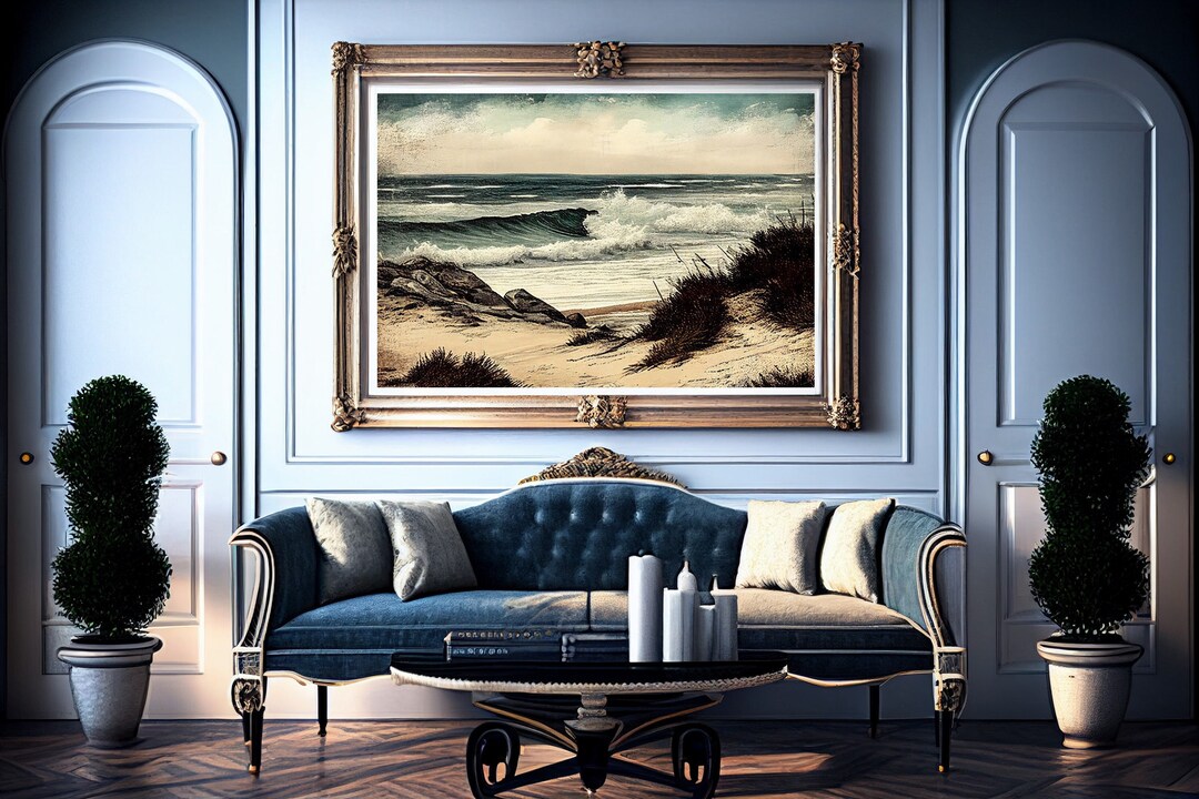 Vintage Nautical Painting, Ocean Waves, Landscape Canvas, Retro Coastal ...