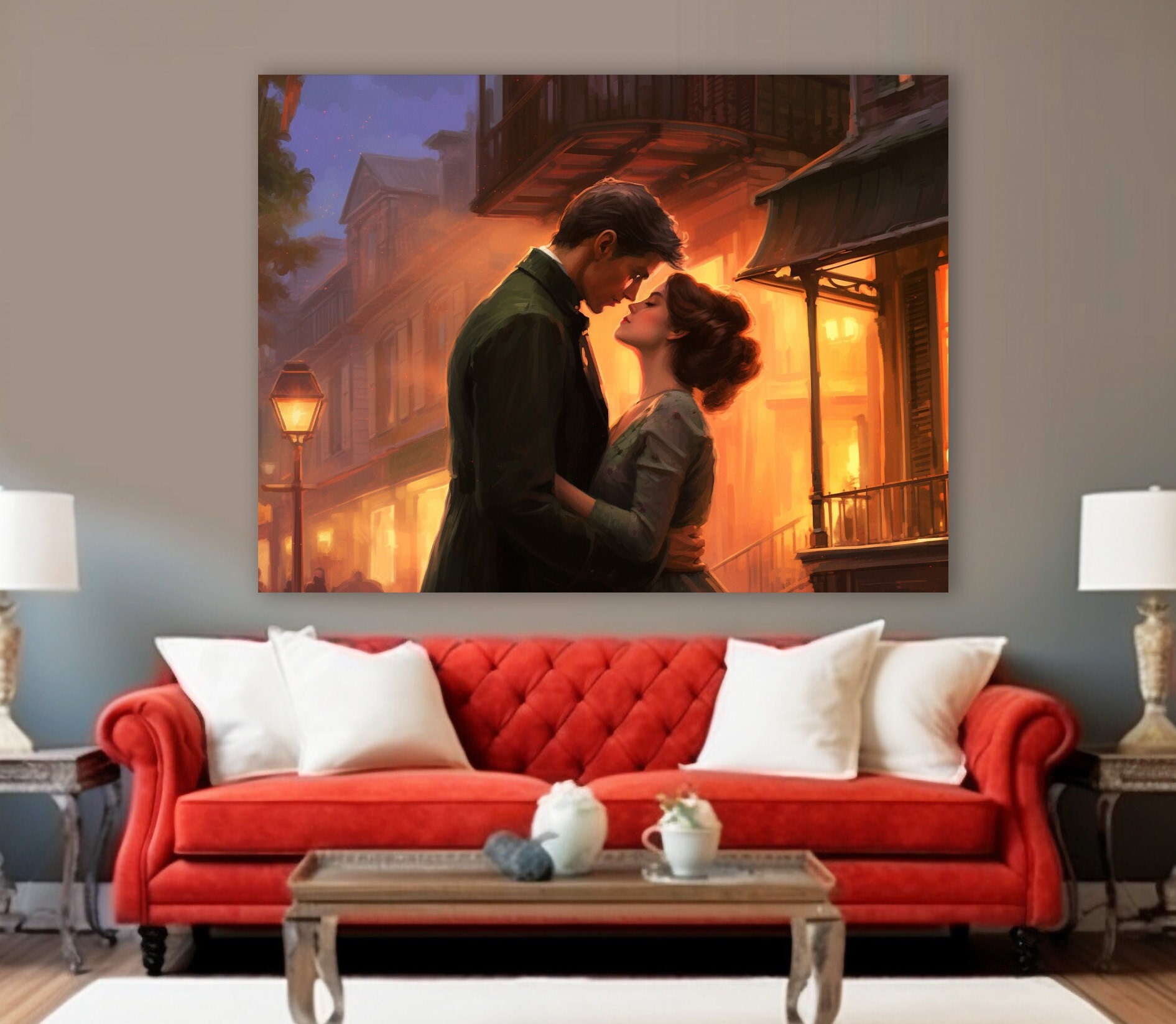 Romantic Couple Kissing at Night Canvas Print, Woman in Love, Dating ...
