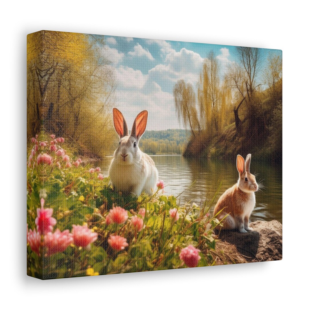 Spring Forest, River Art, Rabbits Print, Bunnies With Ears, Green Woods ...