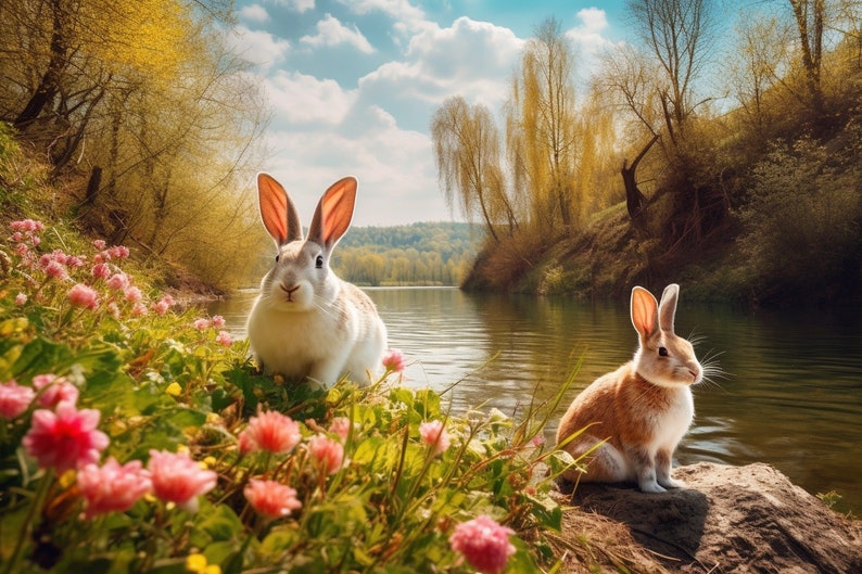 Spring Forest, River Art, Rabbits Print, Bunnies With Ears, Green Woods ...