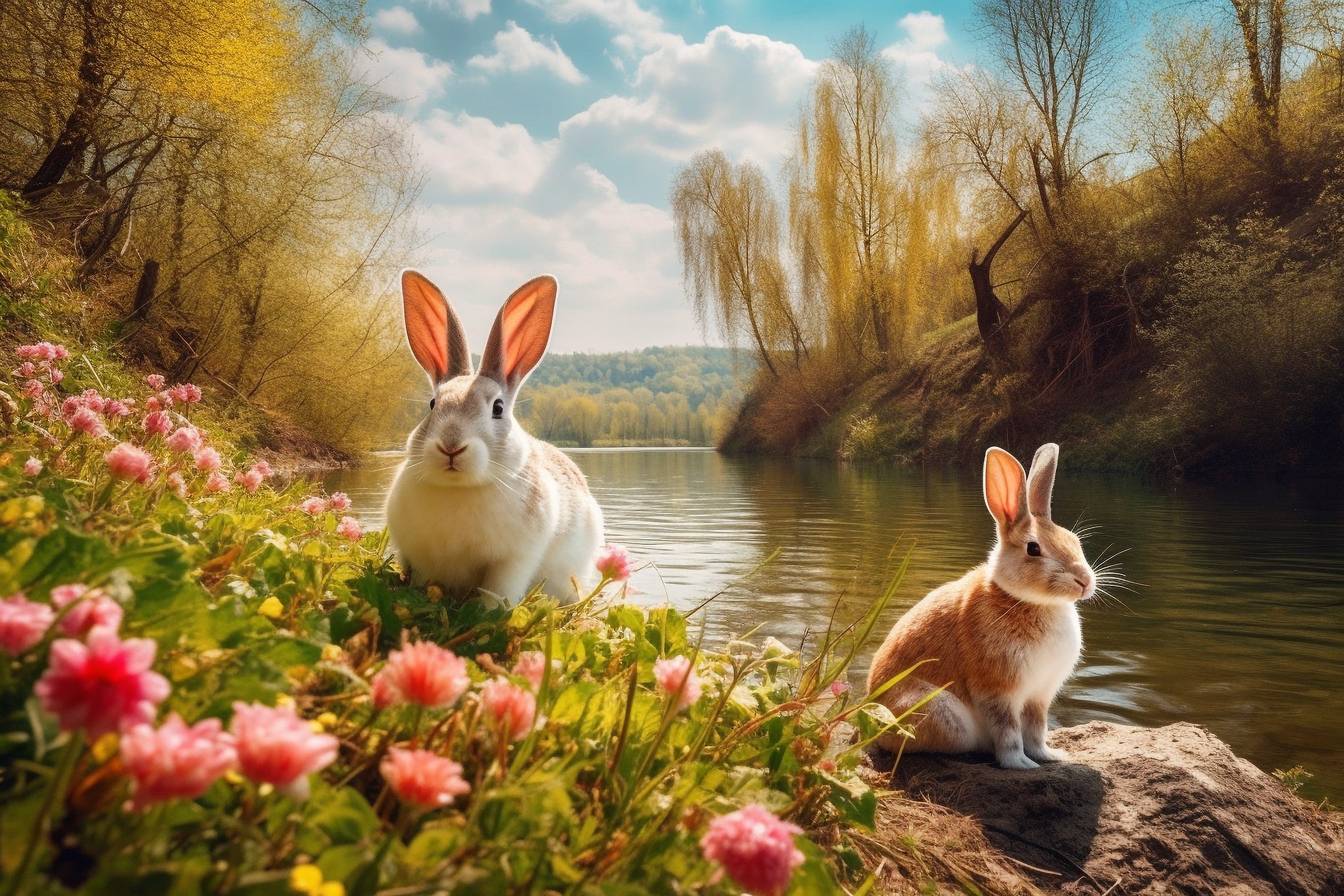 Spring Forest, River Art, Rabbits Print, Bunnies With Ears, Green Woods ...