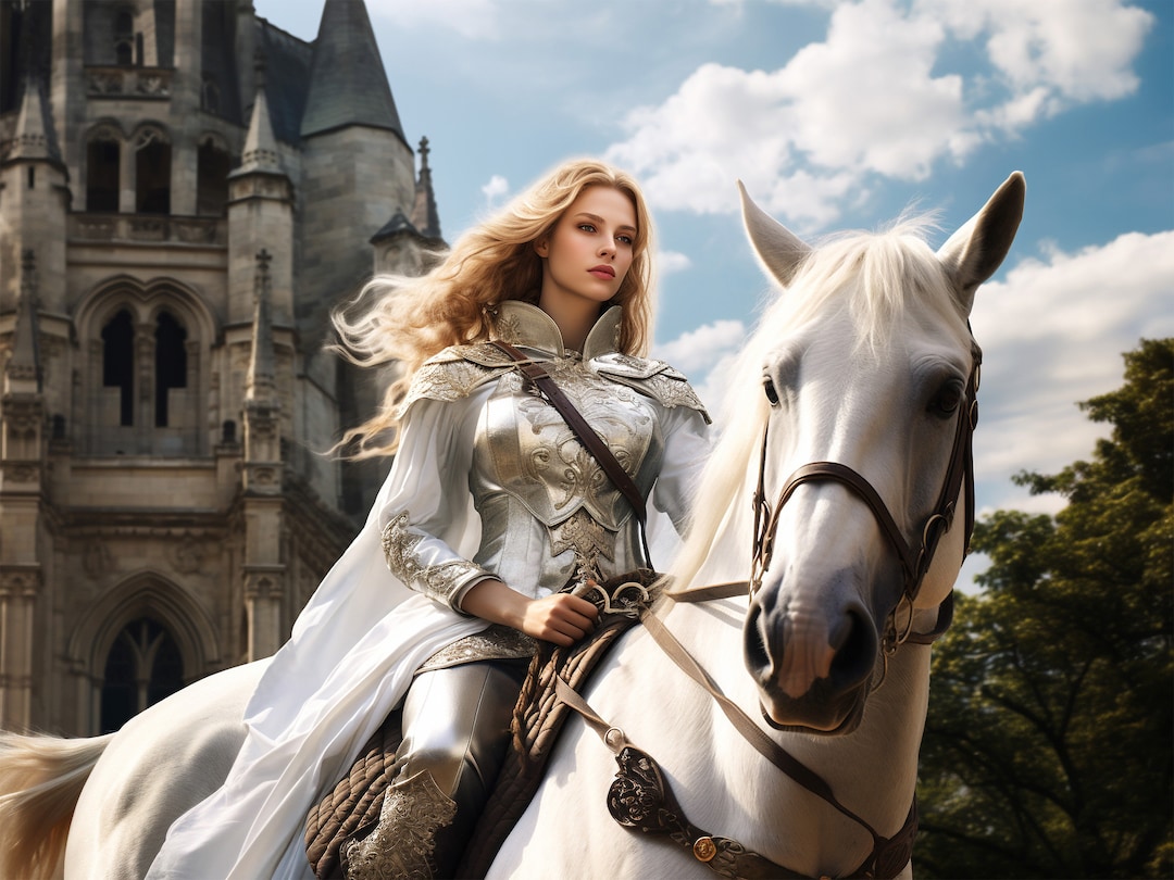 Warrior Woman Riding a White Horse - Canvas Print, Beautiful Girl ...